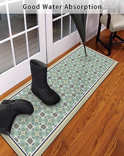 KITHOME Front Door Mat Bohemia Style Geometric Striped Light Green Indoor Outdoor Entrance Doormat Washable Floor Mats for Front Door Bathroom Kitchen Runner Rugs 18x47 Inch