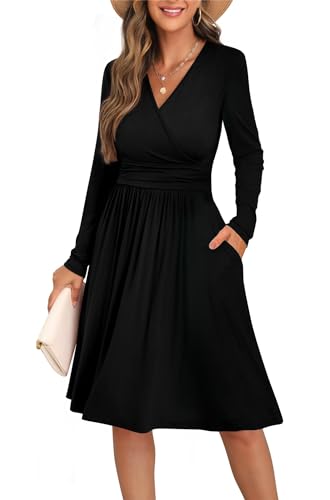 GRECERELLE Long Sleeve Dress for Women, Casual Fall Dress, Black Dresses, Wrap V-Neck Party Dress(Large, Black + Pockets)