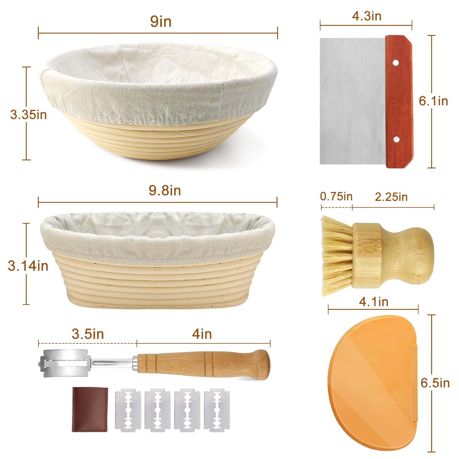 Sourdough Bread Baking Supplies: 9 Inch Round & 10 Inch Oval Banneton Bread Proofing Baskets w/Liner, Bread Lame, Dough Scrapers, Cleaning Brush, Artisan Bread Making Gifts for Bakers