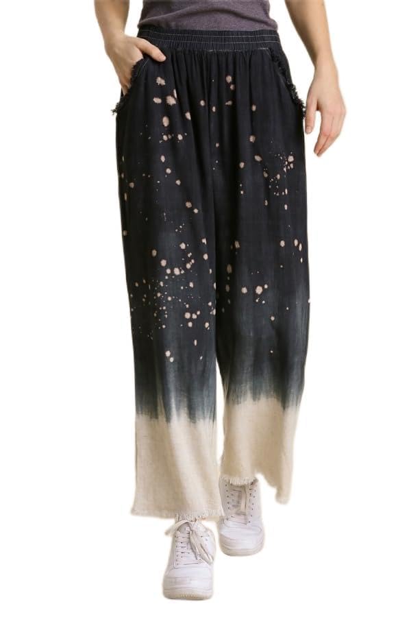 Umgee Linen Blend Bleach Dip Dye Elastic Waistband Wide Leg Pants with Pockets and Frayed Edged Hem