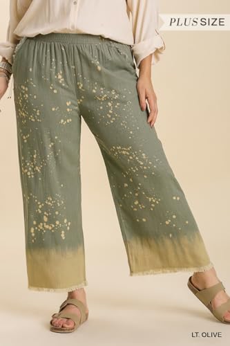 Umgee Linen Blend Bleach Dip Dye Elastic Waistband Wide Leg Pants with Pockets and Frayed Edged Hem