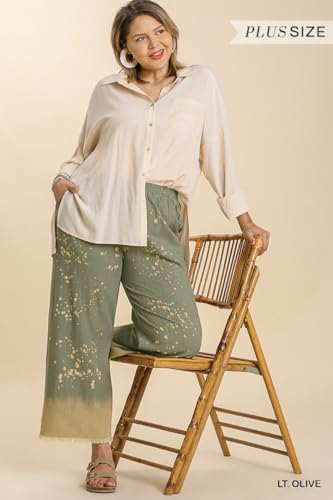 Umgee Linen Blend Bleach Dip Dye Elastic Waistband Wide Leg Pants with Pockets and Frayed Edged Hem