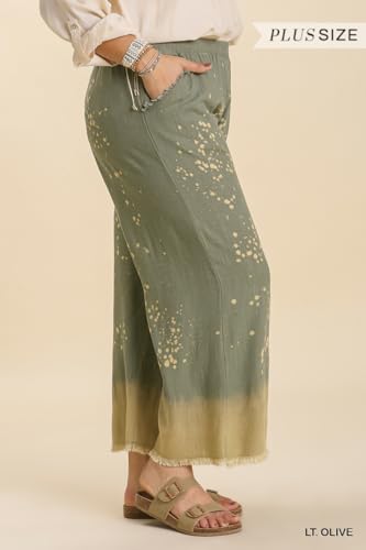 Umgee Linen Blend Bleach Dip Dye Elastic Waistband Wide Leg Pants with Pockets and Frayed Edged Hem