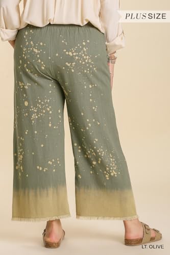 Umgee Linen Blend Bleach Dip Dye Elastic Waistband Wide Leg Pants with Pockets and Frayed Edged Hem