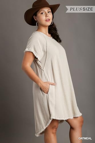 Umgee Linen Blend Round Neck Pocket Dress with Fringe Short Sleeves and a High Low Scoop Hem (US, Alpha, X-Large, Regular, Regular, Oatmeal)
