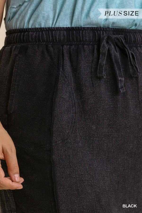 Umgee Linen Blend French Terry Elastic Waistband and Drawstring Skirt with Round Hem Black