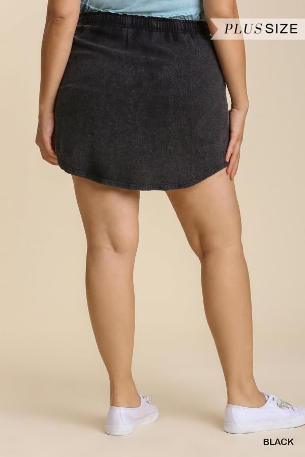 Umgee Linen Blend French Terry Elastic Waistband and Drawstring Skirt with Round Hem Black
