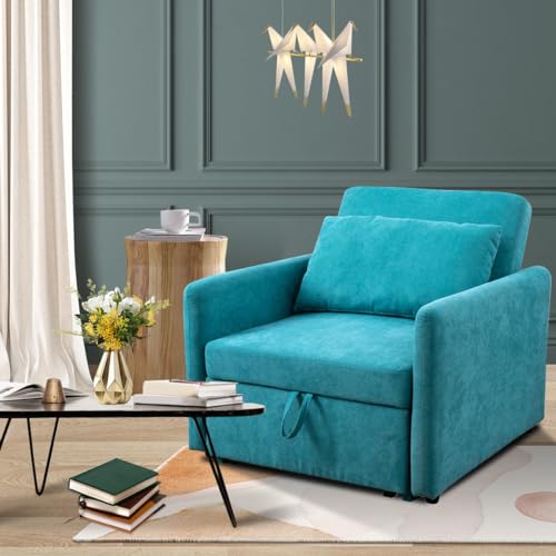 Mlxgoie Convertible Sofa Bed Chair, 3-in-1 Multi-Functional Sleeper Single Futon Chair Bed with Modern Linen Fabric & Tufted Pillow for Compact Living Room, Apartment, Dorm - Blue