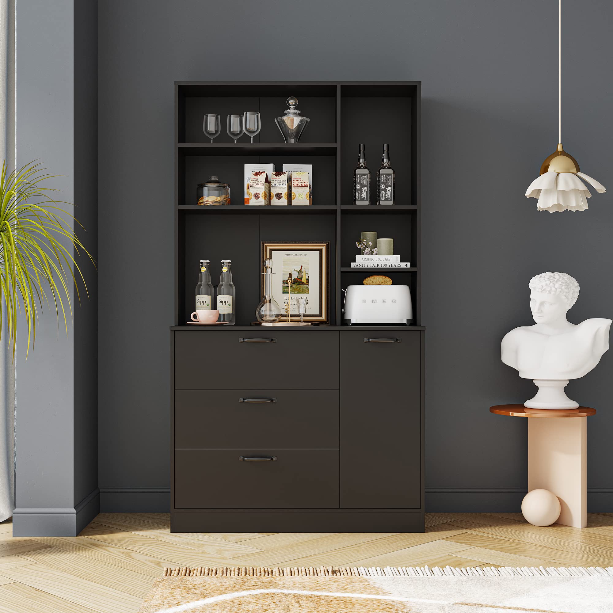 EMKK Hutch Farmhouse Large Storage 71” Pantry Doors, Open Shelves and Drawer for Dining Room,Freestanding Kitchen Cupboard Buffet Cabinet, Black