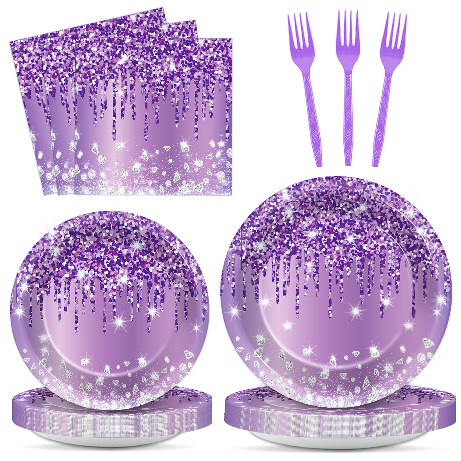 200PCS Purple Birthday Party Plates and Napkins Purple And Silver Birthday Party Decorations Purple Silver Party Tableware Set Serves 50 Guests Girls Ladies Women Wedding Birthday Party Favors