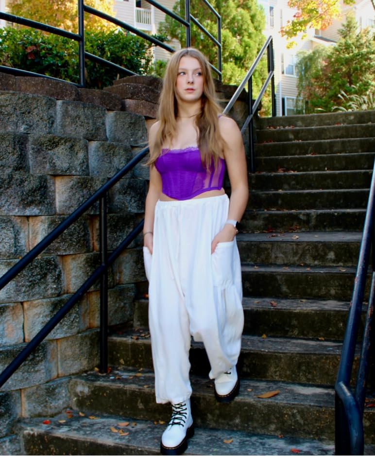 TARSE Womens Linen Wide Leg Pants Casual Loose Drawstring Low Waist Beach Palazzo Harem Pants with Pockets(White,XL)