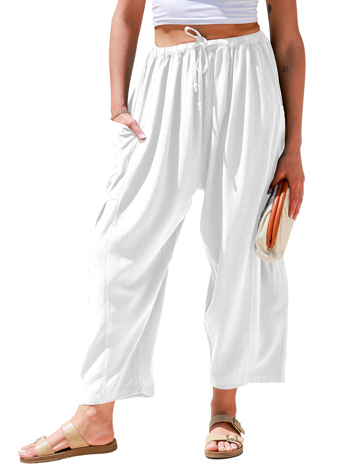 TARSE Womens Linen Wide Leg Pants Casual Loose Drawstring Low Waist Beach Palazzo Harem Pants with Pockets(White,XL)