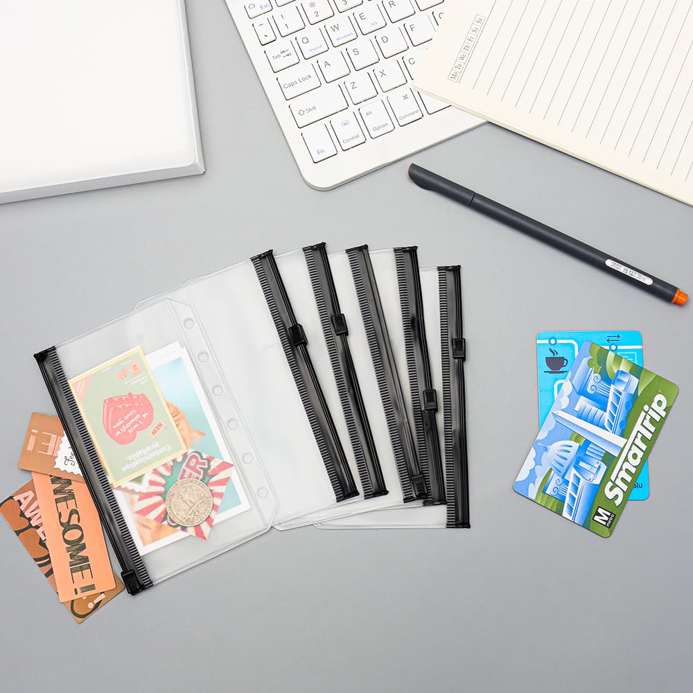 Mogoostry A7 Zipper Pockets 12PCS 6 Holes Binder Pockets Black Zipper Cash Envelopes Pocket A7 Loose-Leaf Zipper Binder Pouch Bag for 6-Ring Journal Budget Folder
