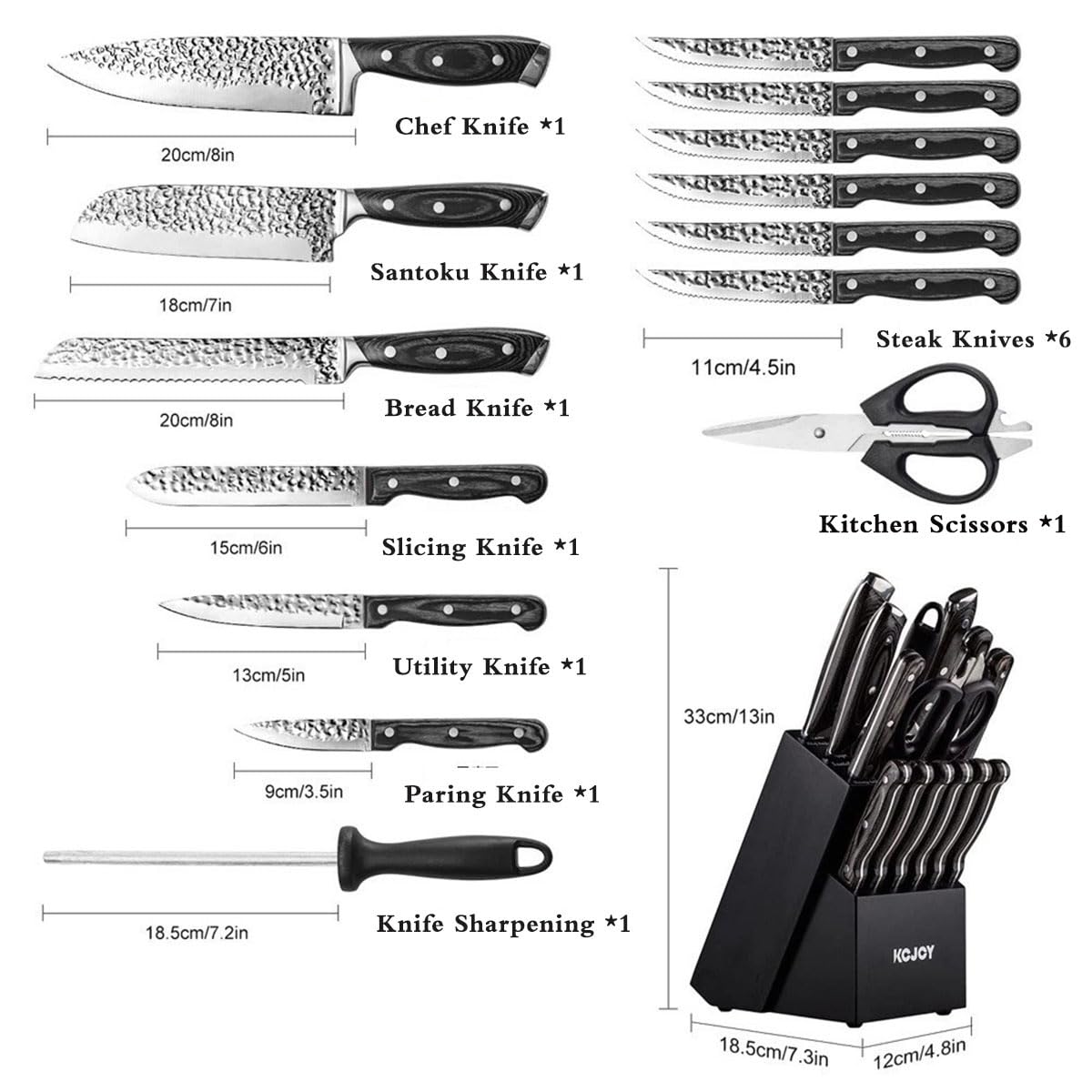 16-Piece Kitchen Knife Set,Ergonomic Wood Handle for Chef Knife Set,Knife Block Set for Chopping,Bread Knife,Santoku Knife,Knife Sharpening And Paring Knife & More,Unique Hammered Design