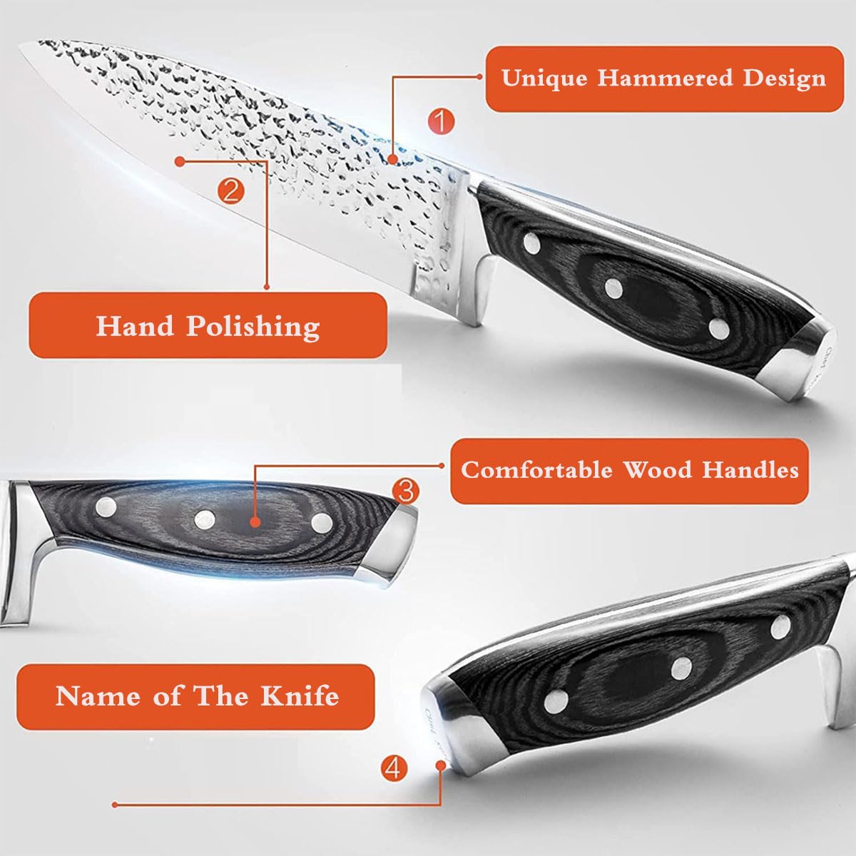 16-Piece Kitchen Knife Set,Ergonomic Wood Handle for Chef Knife Set,Knife Block Set for Chopping,Bread Knife,Santoku Knife,Knife Sharpening And Paring Knife & More,Unique Hammered Design