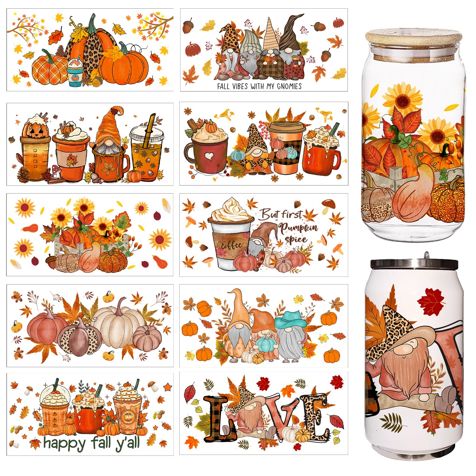 10 Sheet UV DTF Cup Wrap, Fall Theme Harvest Pumpkin Maple Leaf Rub on Transfers for Glass Crafting Glass Cups Wrap Transfer Stickers Decals Waterproof Rub on Transfers for Crafting
