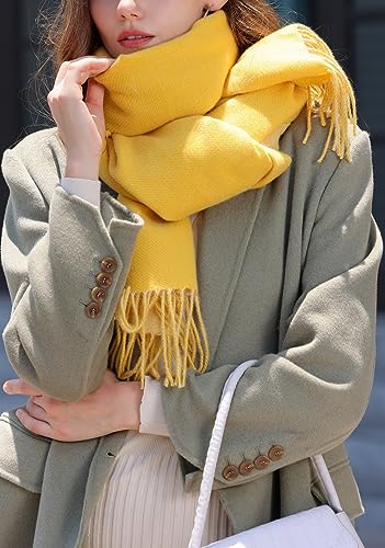 Wander Agio Womens Thick Blanket Scarf Long Shawl Large Scarves Cashmere Feel Double-side Pure Shiny Candy Color Bright Yellow 12