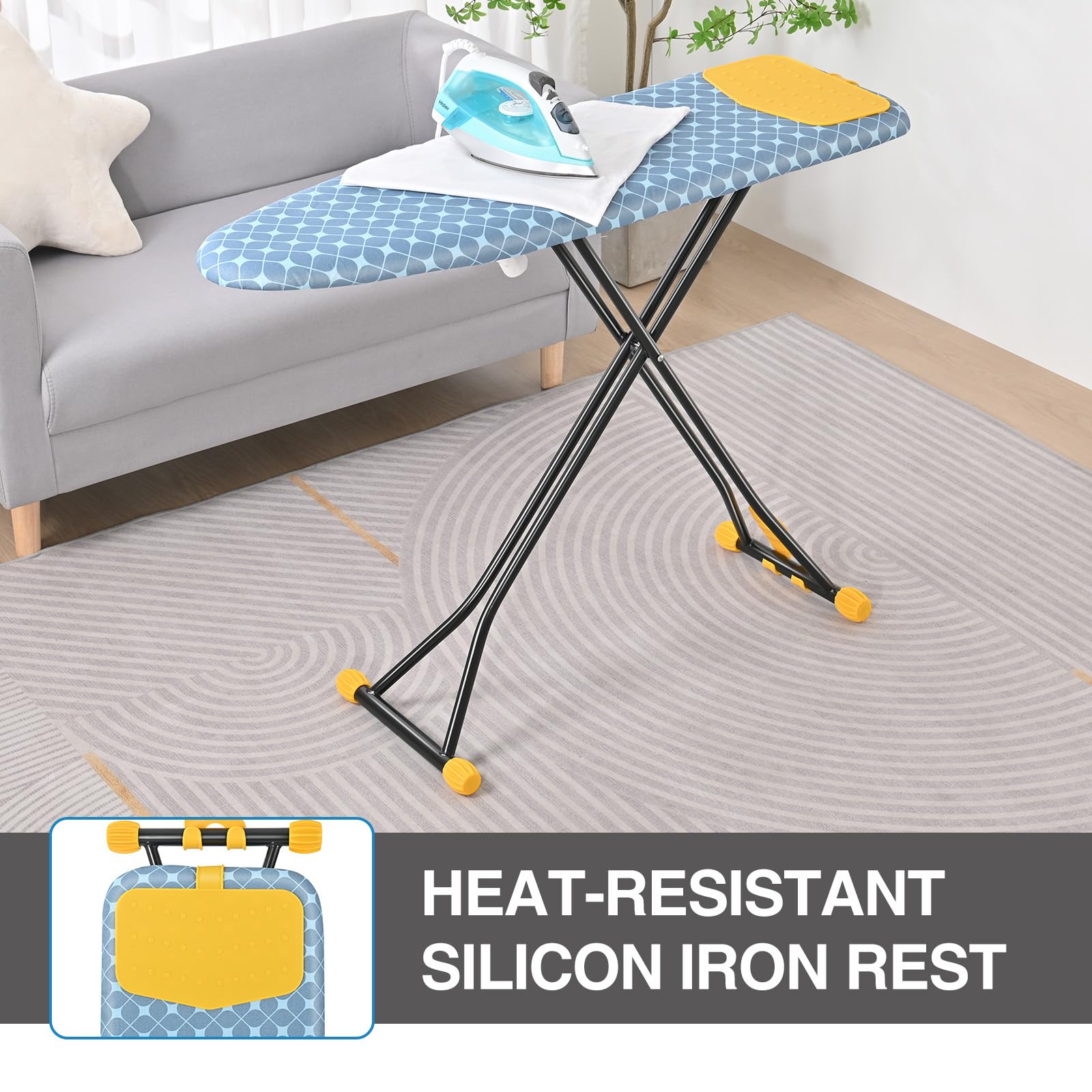 APEXCHASER Ironing Board with Iron Rest, Compact and Space Saver Iron Board, Extra Thick Cover, Height Adjustable, Wall Mount & Closet Hanger 13x43 Yellow