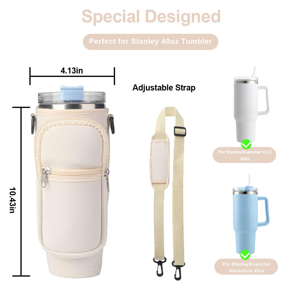 OLNIEZZL Water Bottle Carrier Bag Compatible with Stanley 30 40oz Tumbler with Handle, Water Bottle Holder with Adjustable Shoulder Strap for Travel Hiking (Cream)