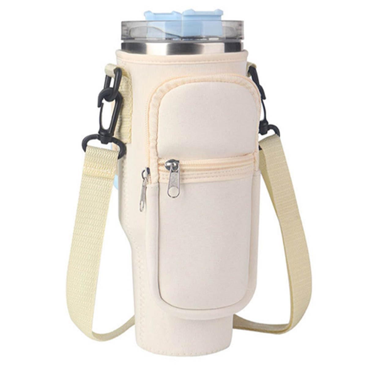 OLNIEZZL Water Bottle Carrier Bag Compatible with Stanley 30 40oz Tumbler with Handle, Water Bottle Holder with Adjustable Shoulder Strap for Travel Hiking (Cream)