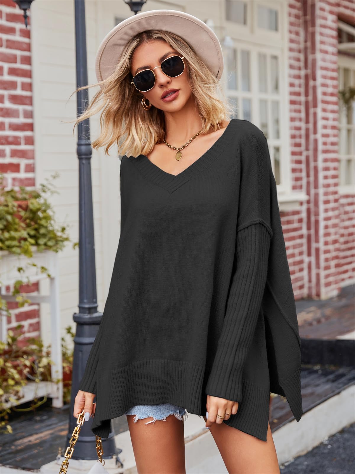 hathne Oversized V Neck Sweater for Women Casual Long Sleeve Side Split Hem Pullover Top 2024 Knit Tunic Jumper(M,Black)