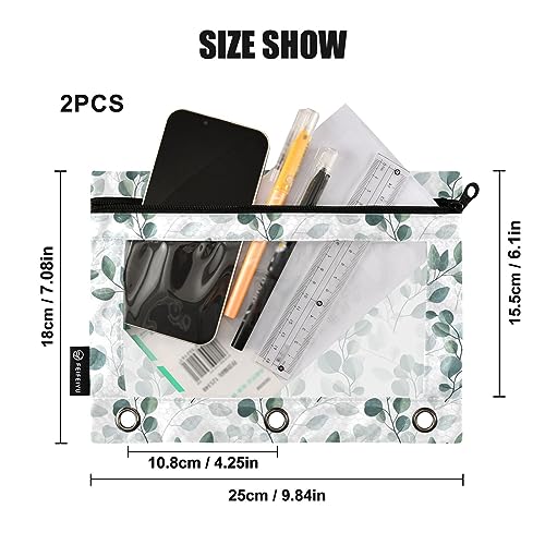 Floral Leaf Pencil Pouch for 3 Ring Binder 2 Pack Binder Pouches with Clear Window Binder Pencil Bag Case with Zipper for Office Supplies