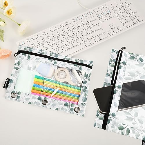Floral Leaf Pencil Pouch for 3 Ring Binder 2 Pack Binder Pouches with Clear Window Binder Pencil Bag Case with Zipper for Office Supplies