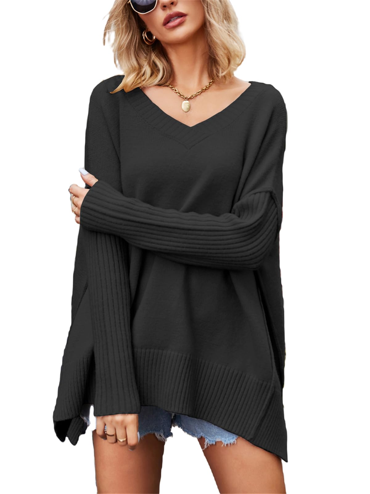 hathne Oversized V Neck Sweater for Women Casual Long Sleeve Side Split Hem Pullover Top 2024 Knit Tunic Jumper(M,Black)