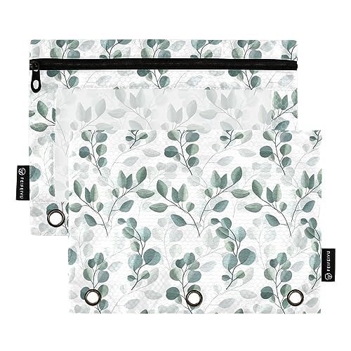 Floral Leaf Pencil Pouch for 3 Ring Binder 2 Pack Binder Pouches with Clear Window Binder Pencil Bag Case with Zipper for Office Supplies