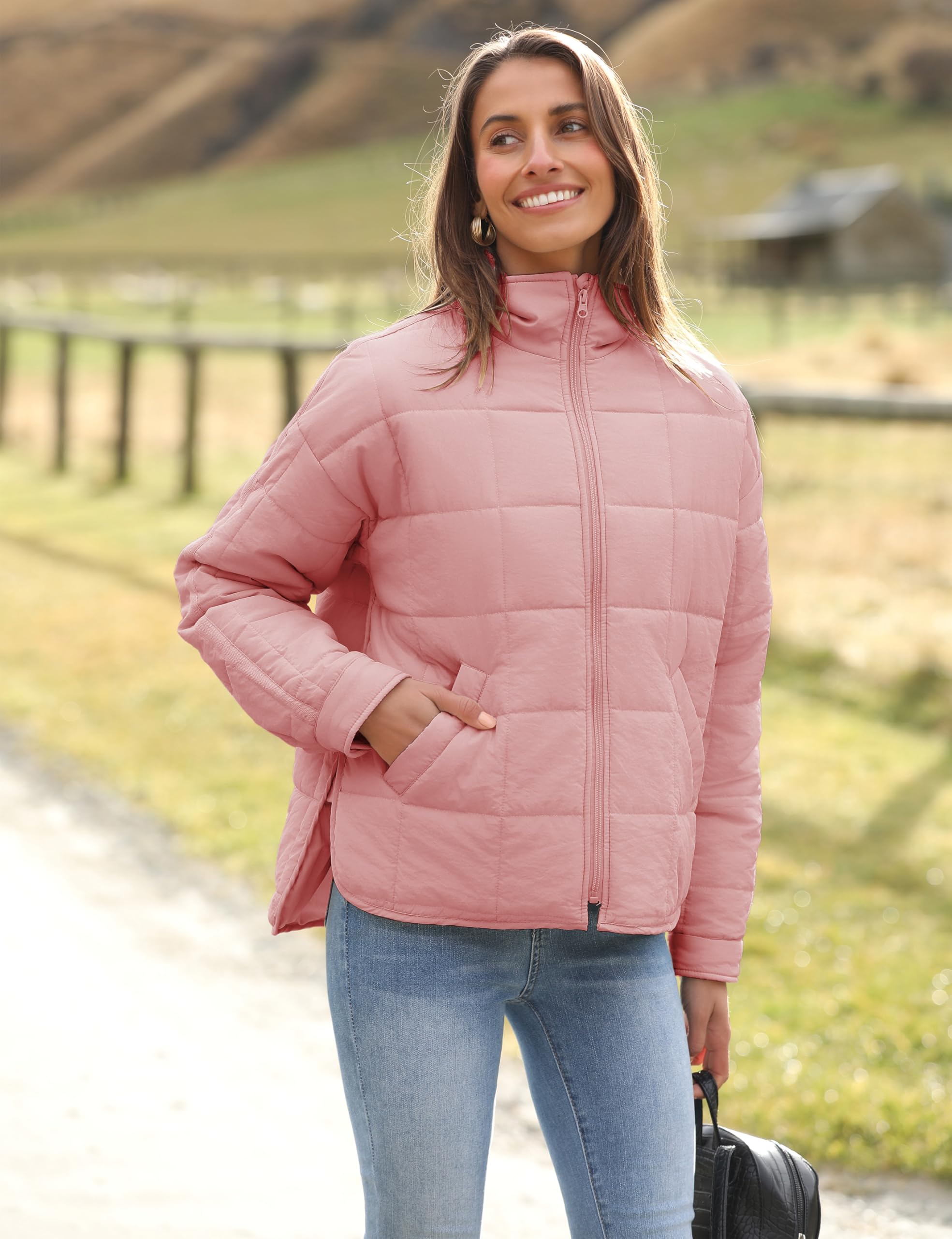 AMEBELLE Women’s Quilted Oversized Puffer Jacket Lightweight Zip Up Winter Warm Coat Outerwear with Pockets(2612-Pink-XL)