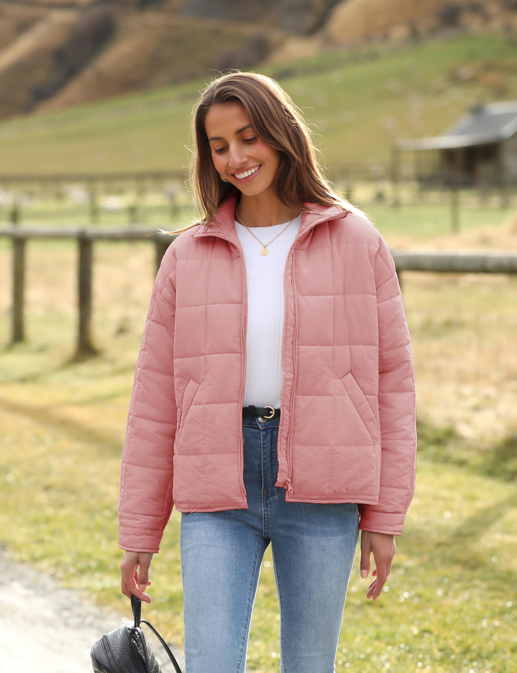 AMEBELLE Women’s Quilted Oversized Puffer Jacket Lightweight Zip Up Winter Warm Coat Outerwear with Pockets(2612-Pink-XL)