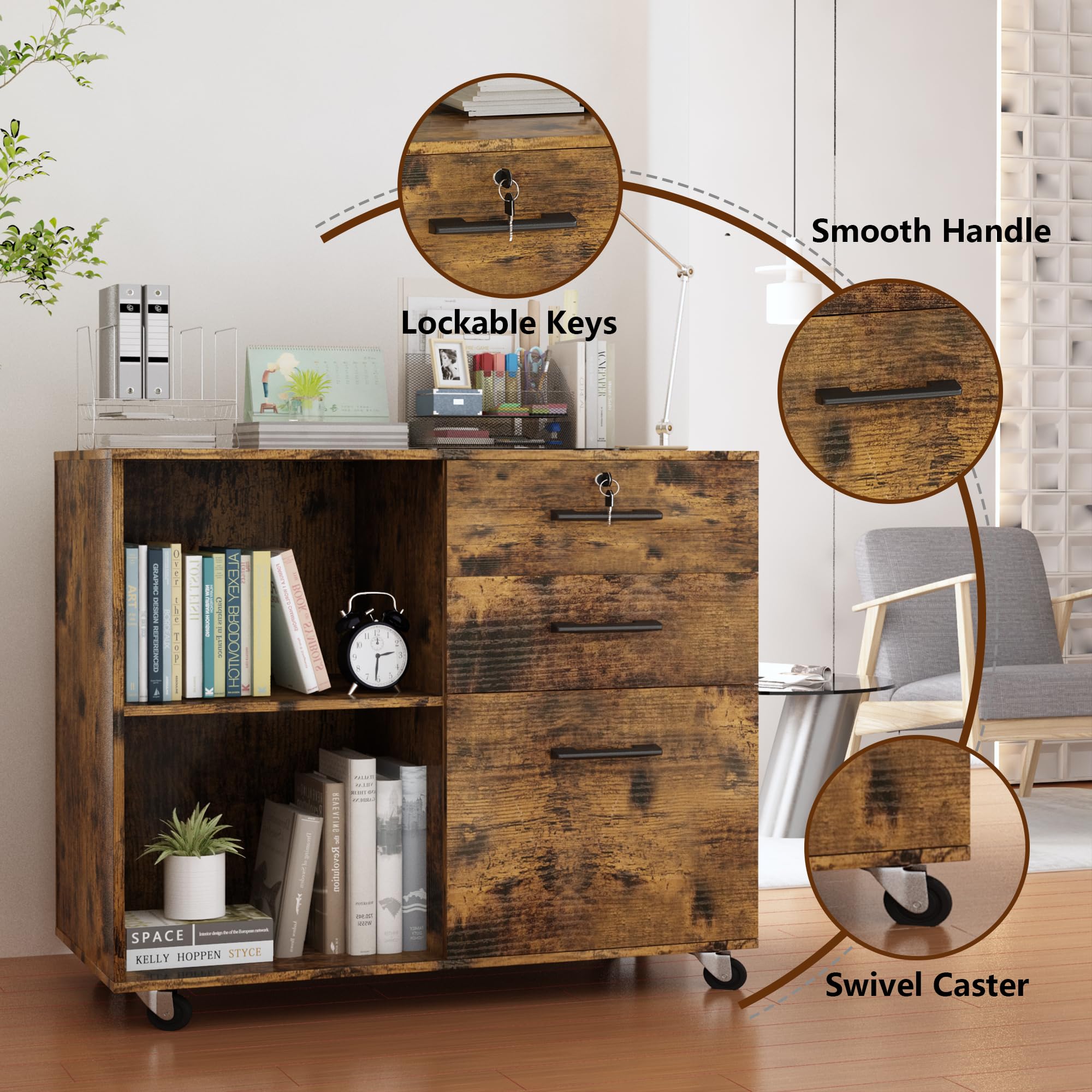 AWQM Wood Filing Cabinet, Rustic Brown