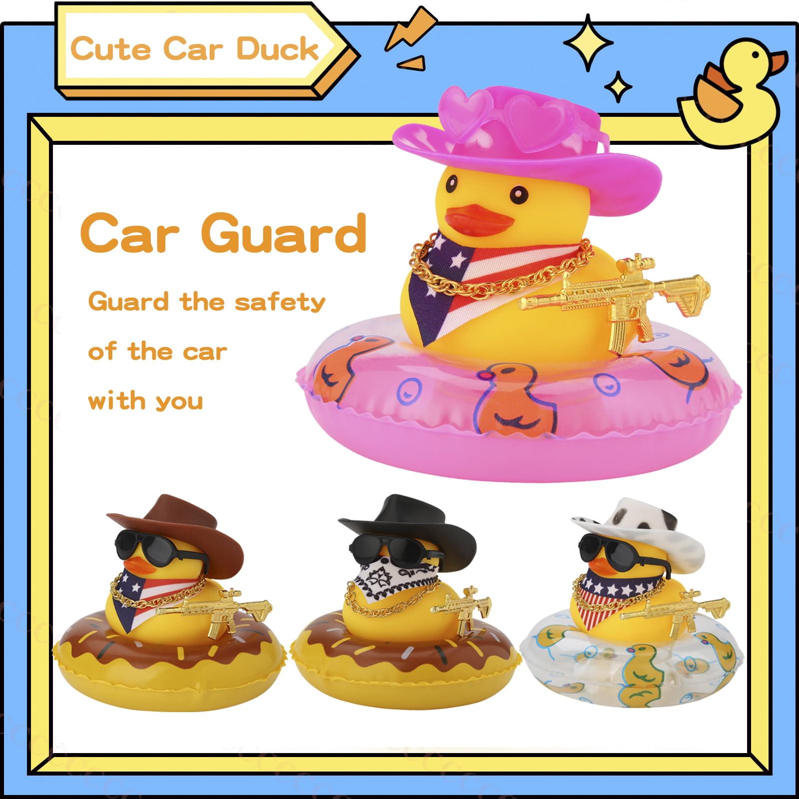 Duck Dashboard Decorations - Rubber Duck for Dashboard of Car, Yellow Duck Car Dashboard Decorations, Squeak Ducks Car Ornaments Car Décor Accessories with Hat Swim Ring Necklace Sunglasses