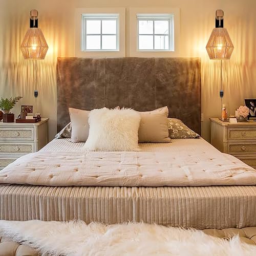 ZECOXOL Plug-in Wall Sconces Set of Two, Rattan Boho Decor Wall Lamps with Plug-in Cord, Wicker Sconces for Bedroom & Living Room