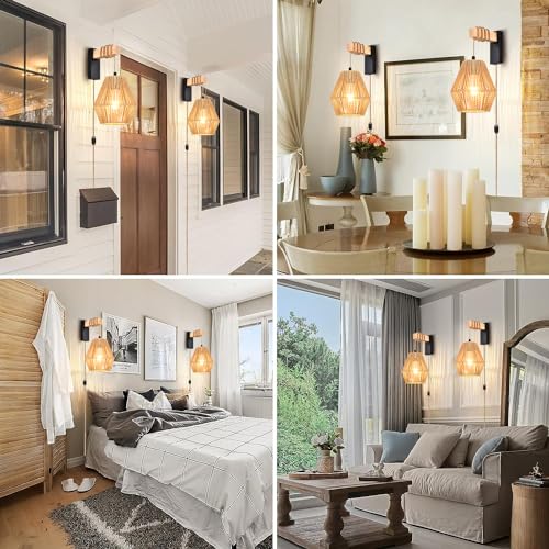 ZECOXOL Plug-in Wall Sconces Set of Two, Rattan Boho Decor Wall Lamps with Plug-in Cord, Wicker Sconces for Bedroom & Living Room
