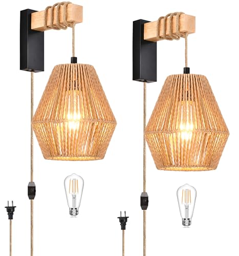 ZECOXOL Plug-in Wall Sconces Set of Two, Rattan Boho Decor Wall Lamps with Plug-in Cord, Wicker Sconces for Bedroom & Living Room