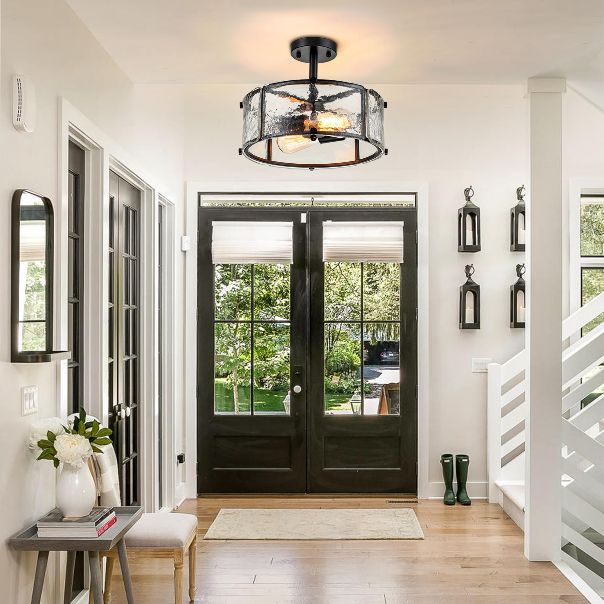 TinHon Black Semi Flush Mount Ceiling Light,12.8" Modern Small Drum Close to Ceiling Light Fixture,Easy to Install 2-Light Lightweight Glass Ceiling Lights for Dining Room,Living Room,Kitchen