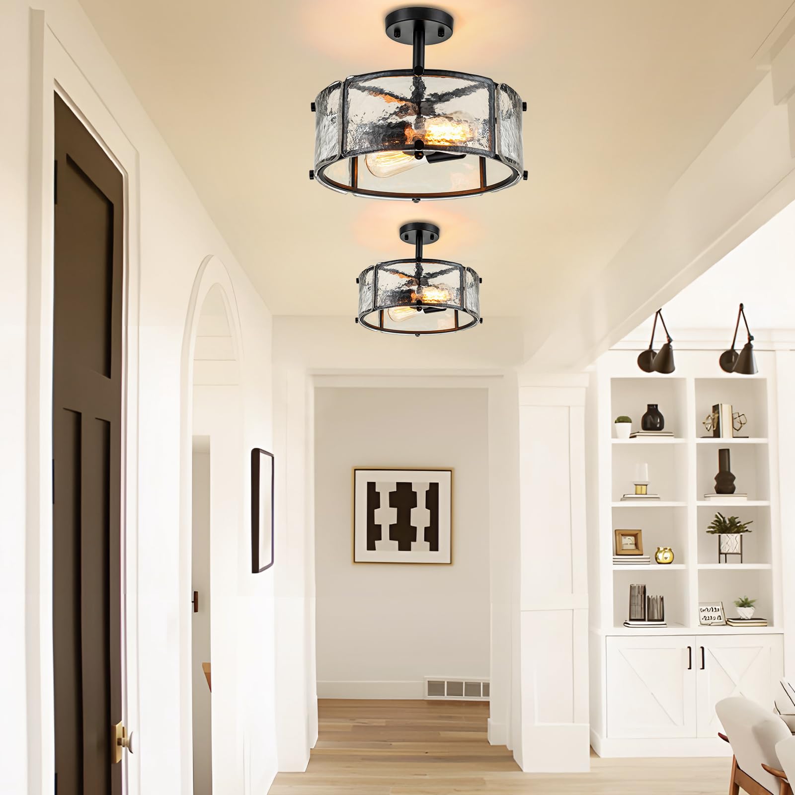 TinHon Black Semi Flush Mount Ceiling Light,12.8" Modern Small Drum Close to Ceiling Light Fixture,Easy to Install 2-Light Lightweight Glass Ceiling Lights for Dining Room,Living Room,Kitchen