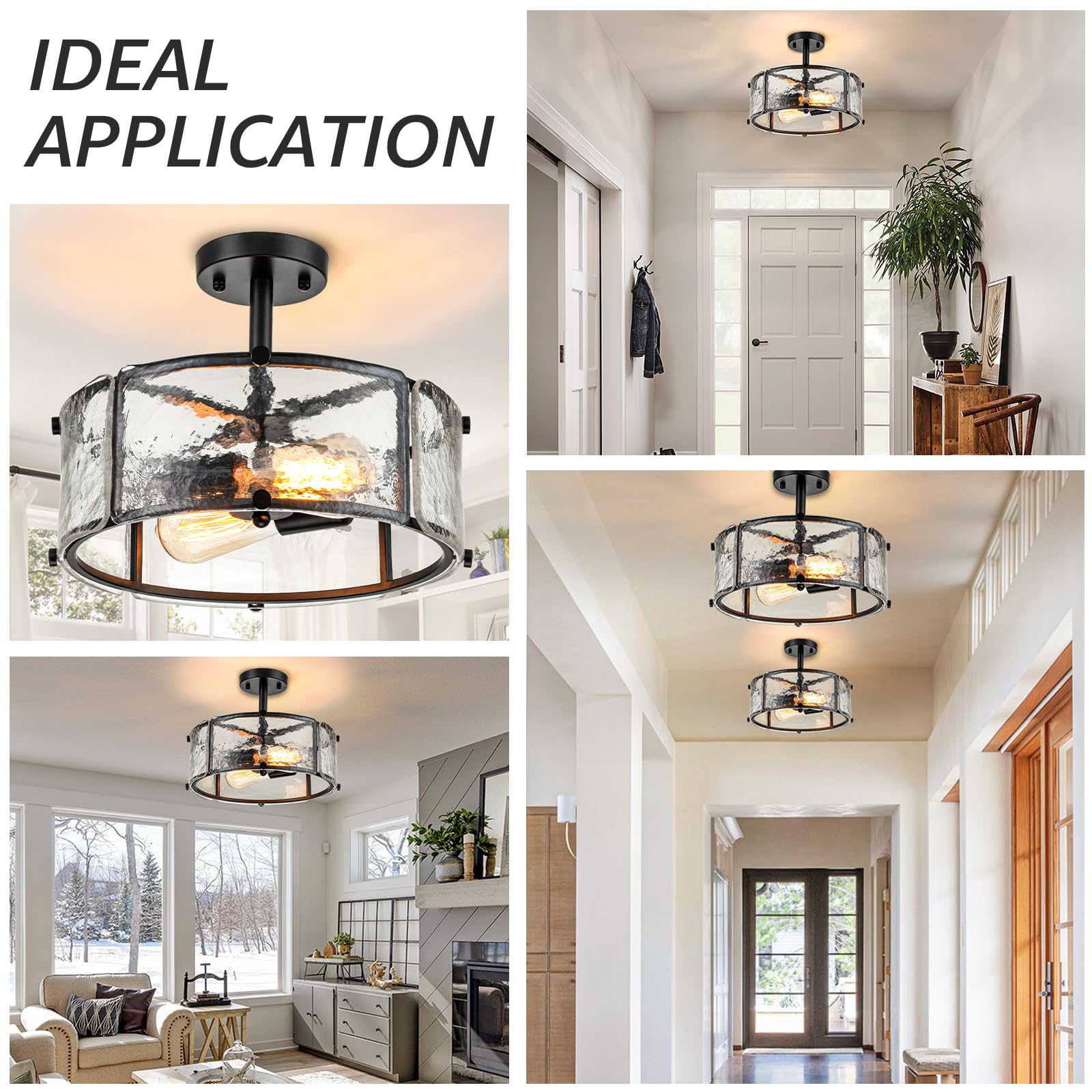 TinHon Black Semi Flush Mount Ceiling Light,12.8" Modern Small Drum Close to Ceiling Light Fixture,Easy to Install 2-Light Lightweight Glass Ceiling Lights for Dining Room,Living Room,Kitchen