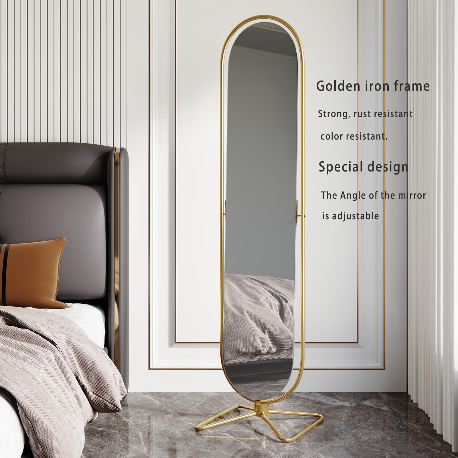 BUZUEY Floor Mirror,Gold Full Length Mirror,Standing Mirror,67"*15.8"Full Body Mirror,Iron Frame Oval Stand up Mirror for Bedroom,Living Room,Dressing Room