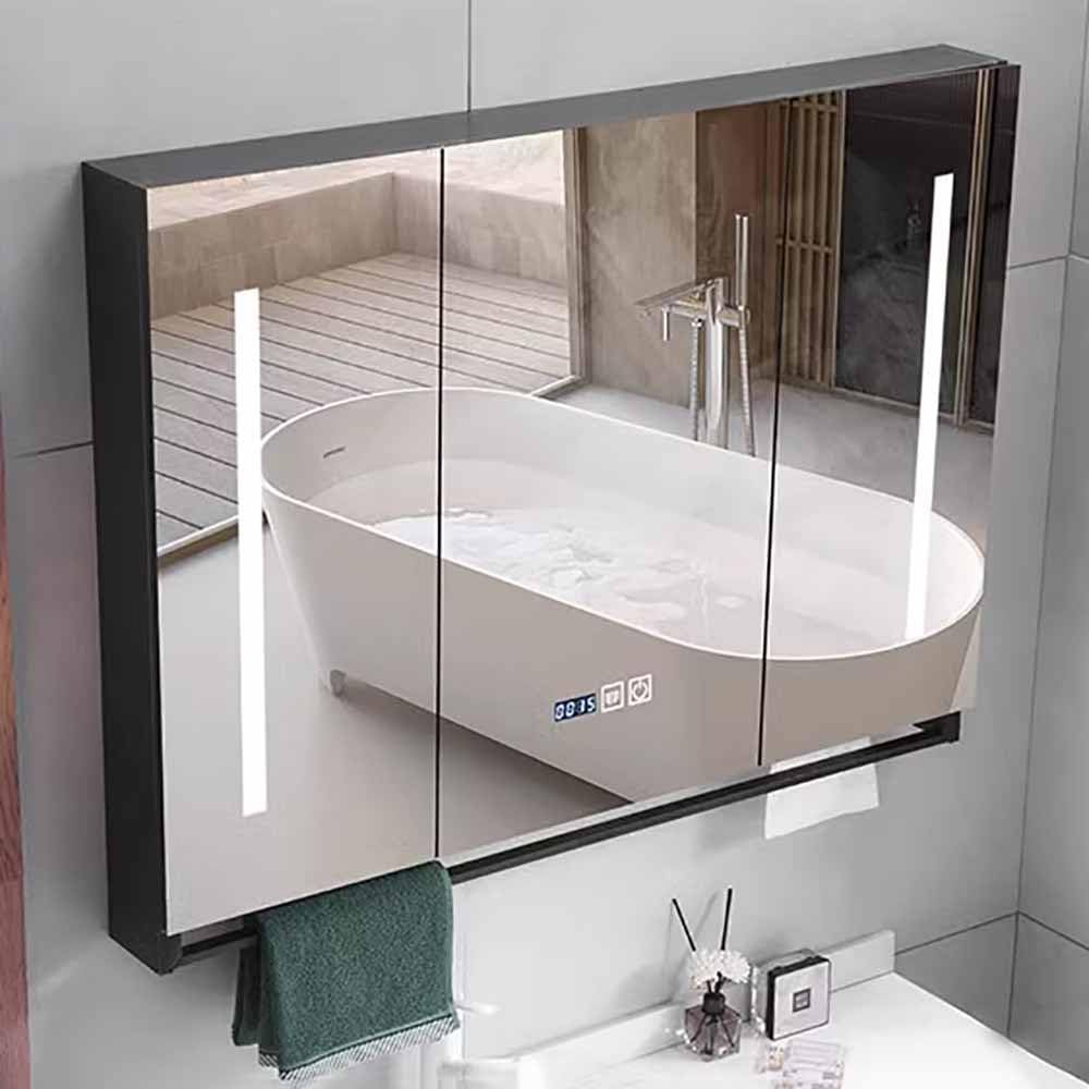 UkewEi Bathroom Mirror Cabinet with LED Mirror, Anti-Fog, Waterproof, Clock, 40''x30'' Wall Cabinet in Wood with Storage Shelf, Modern Smart Medicine Cabinet, Touch Switch (Color : Black, Size : 60*