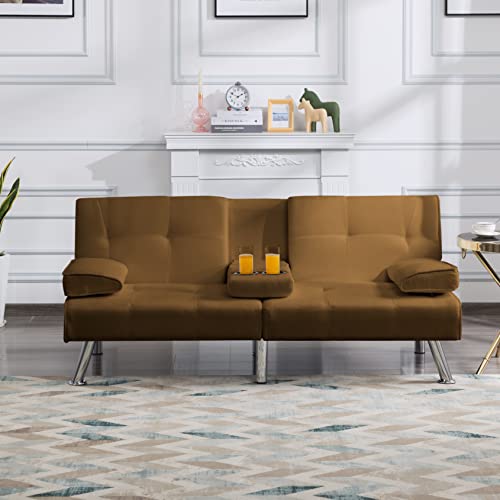 YUNLife&Home Upholstery Futon Sofa Loveseat Convertible Sleeper Couch Bed Daybed,Folding Recliner Sofá with 2 Cup Holders,Removable Soft Pillow-Top Armrest,3 Angles,Easy to Assemble for Living Room