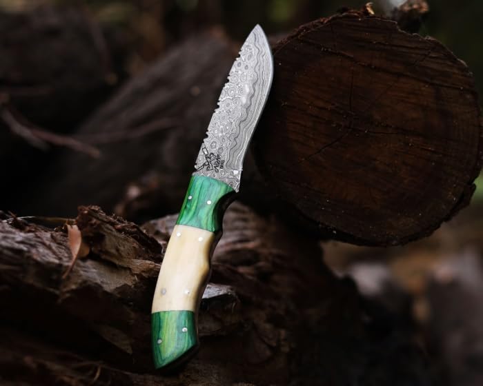 ADAM KNIVES Fixed Blade Damascus Steel Hunting Knife With Leather Sheath, 9'' Full Tang Skinning, Non-Slip Wooden Handle, Camping (Green Wood)