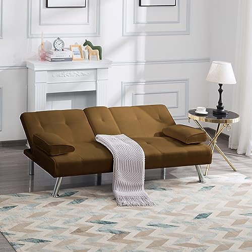 YUNLife&Home Upholstery Futon Sofa Loveseat Convertible Sleeper Couch Bed Daybed,Folding Recliner Sofá with 2 Cup Holders,Removable Soft Pillow-Top Armrest,3 Angles,Easy to Assemble for Living Room