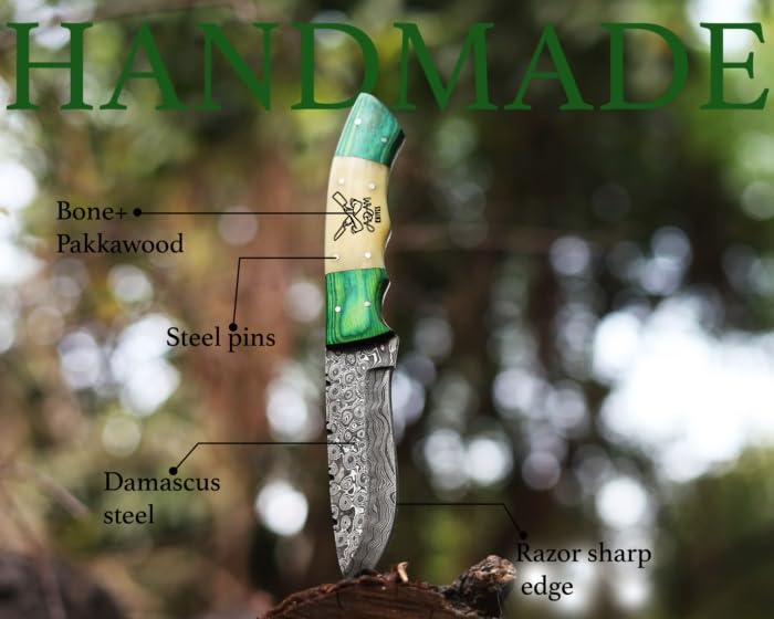 ADAM KNIVES Fixed Blade Damascus Steel Hunting Knife With Leather Sheath, 9'' Full Tang Skinning, Non-Slip Wooden Handle, Camping (Green Wood)