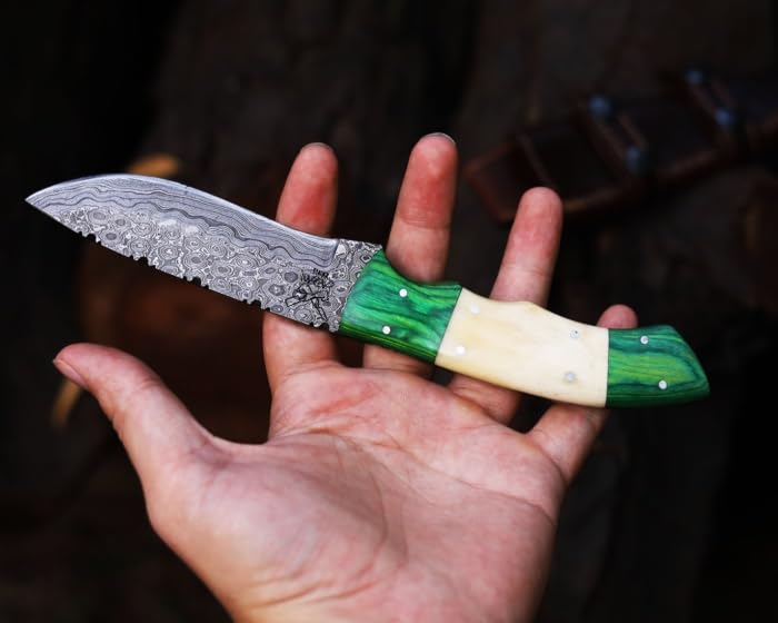 ADAM KNIVES Fixed Blade Damascus Steel Hunting Knife With Leather Sheath, 9'' Full Tang Skinning, Non-Slip Wooden Handle, Camping (Green Wood)
