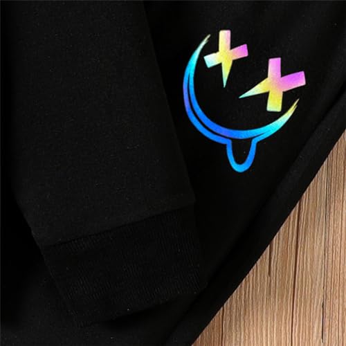 PATPAT Boy's Long Sleeve Luminous Tracksuit Set Pullover Hoodie Jogging Pants Set 2 Pieces Sweatshirt Elastic Sweatpants Black 6-7 Years