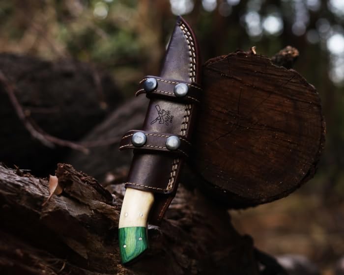 ADAM KNIVES Fixed Blade Damascus Steel Hunting Knife With Leather Sheath, 9'' Full Tang Skinning, Non-Slip Wooden Handle, Camping (Green Wood)