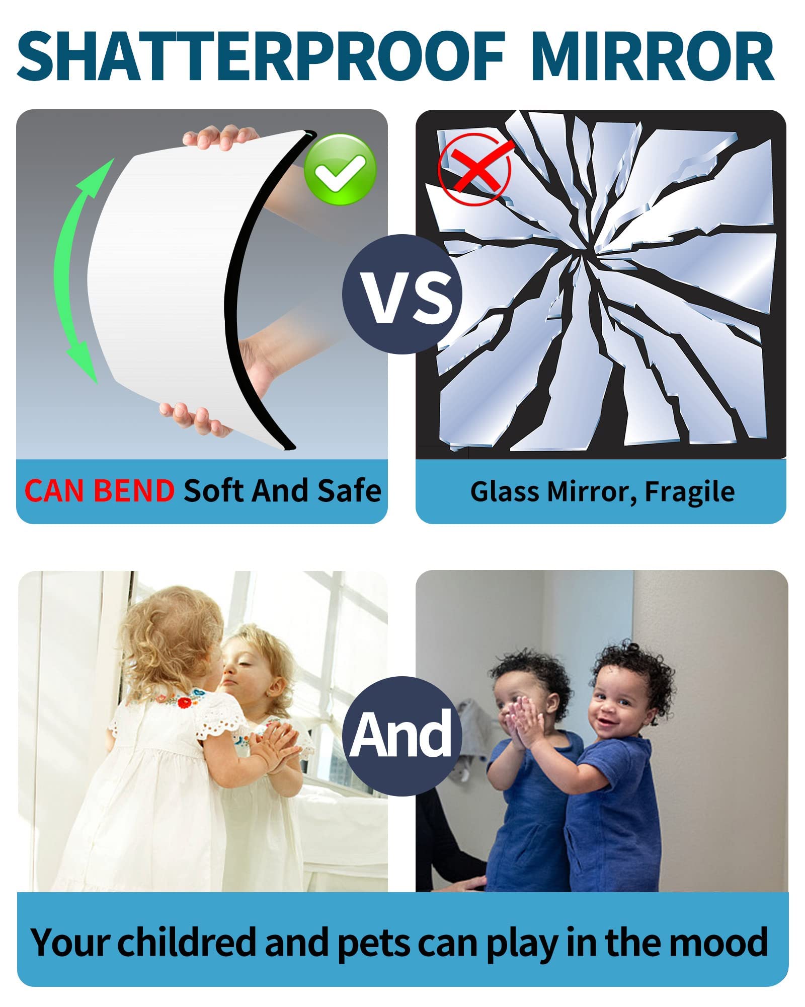 Shatterproof Full Length Mirror, Unbreakable Mirror for Wall, Full Body Mirror for Kids, Thick 0.1",4Pcs 12"x12", Made of Frameless Plexiglass Acrylic Plastic, Wall Mounted for Home Gym, Bathroom Door