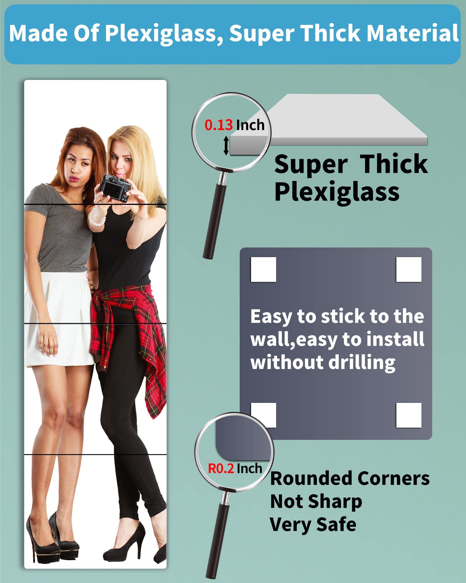 Shatterproof Full Length Mirror, Unbreakable Mirror for Wall, Full Body Mirror for Kids, Thick 0.1",4Pcs 12"x12", Made of Frameless Plexiglass Acrylic Plastic, Wall Mounted for Home Gym, Bathroom Door